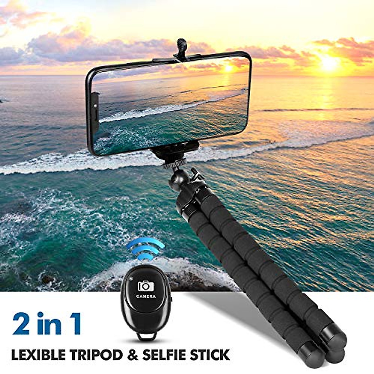 Phone Tripod,Portable and Flexible Adjustable Cell Phone Stand Holder with Remote and Universal Clip for iPhone Android Phone Compact Digital Camera Sports Camera