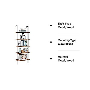 SUPERJARE Industrial Ladder Shelf, 5-Tier Wood Wall-Mounted Bookcase with Stable Metal Frame, 72 Inches Storage Rack Shelves Display Plant Flower, Stand Bookshelf for Home Office - Rustic Brown