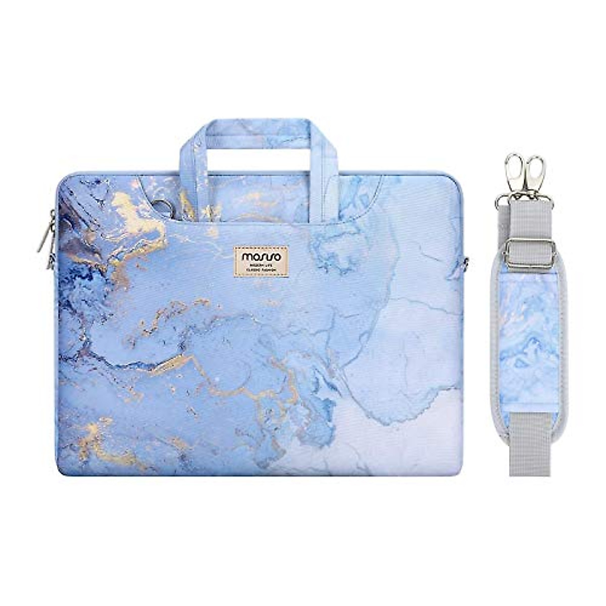 MOSISO Laptop Shoulder Bag Compatible with MacBook Air/Pro,13-13.3 inch Notebook,Compatible with MacBook Pro 14 inch 2023-2021 A2779 M2 A2442 M1, Watercolor Marble Sleeve with Trolley Belt, Blue