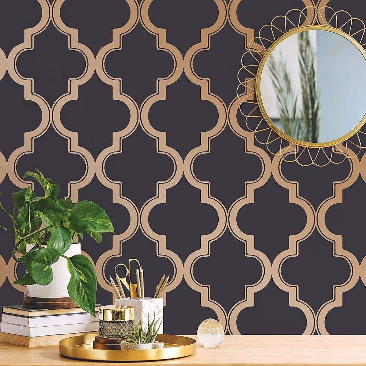 Tempaper Midnight & Metallic Gold Marrakesh Removable Peel and Stick Wallpaper, 20.5 in X 16.5 ft, Made in the USA