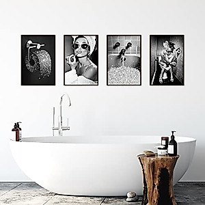 Bathroom Decor Wall Art Prints Glam Glitter Tissue Bathroom Artwork for Wall Black and White Modern Fashion Women Funny Bathroom Wall Art Set of 4 (8x12 in UNFRAMED, Black and White)