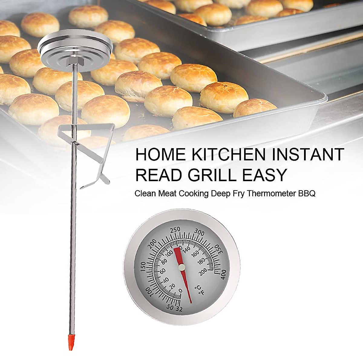 Deep Fry Thermometer Mechanical Meat Thermometer for Deep Fry, Grilling Dial Thermometer Stainless Steel Stem Meat Cooking Thermometer with Adjustable Pot Clip(Size:200 mm)