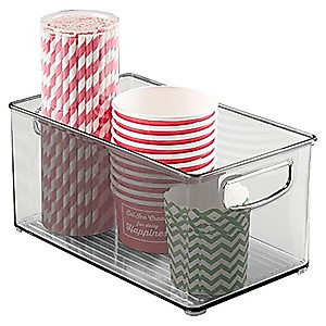 mDesign Plastic Kitchen Organizer - Storage Holder Bin with Handles for Pantry, Cupboard, Cabinet, Fridge/Freezer, Shelves, Counter - Holds Canned Food, Snacks - Ligne Collection - 4 Pack - Smoke Gray
