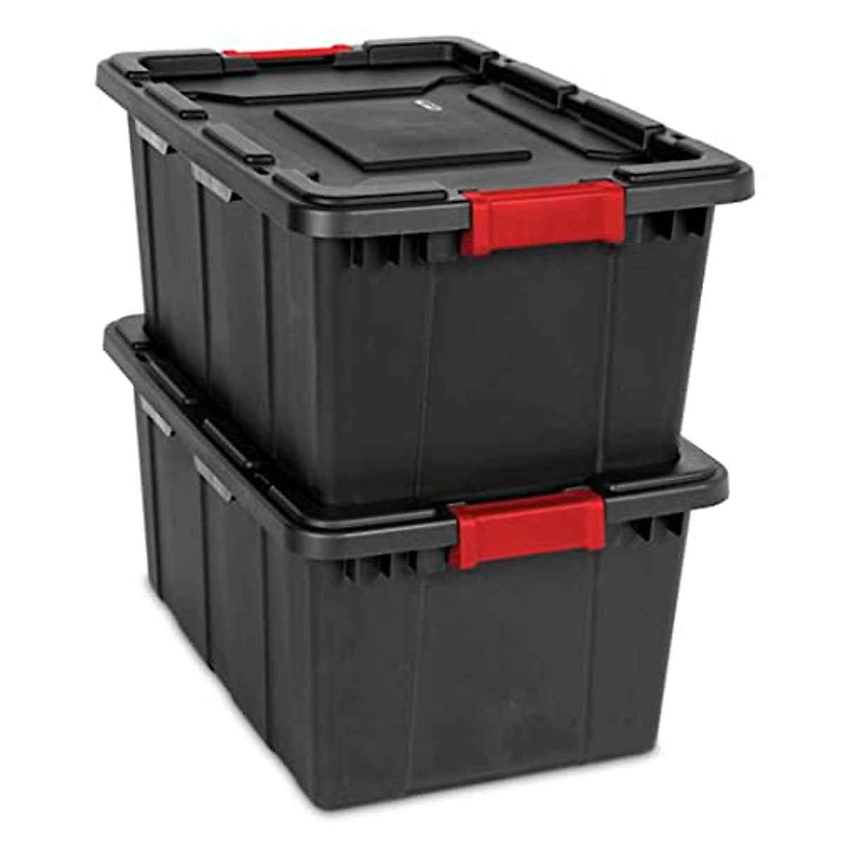 Sterilite 15 Gal Industrial Tote, Stackable Storage Bin with Latching Lid, Plastic Container with Heavy Duty Latches, Black Base and Lid, 12-Pack