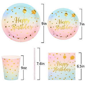 Boocikey 200 Pcs Pastel Party Supplies Birthday Party Plates and Napkins Sets,Disposable Pastel Birthday Plates - Rainbow Paper Plates Napkins Cups for Birthday Baby Shower Party Decorations