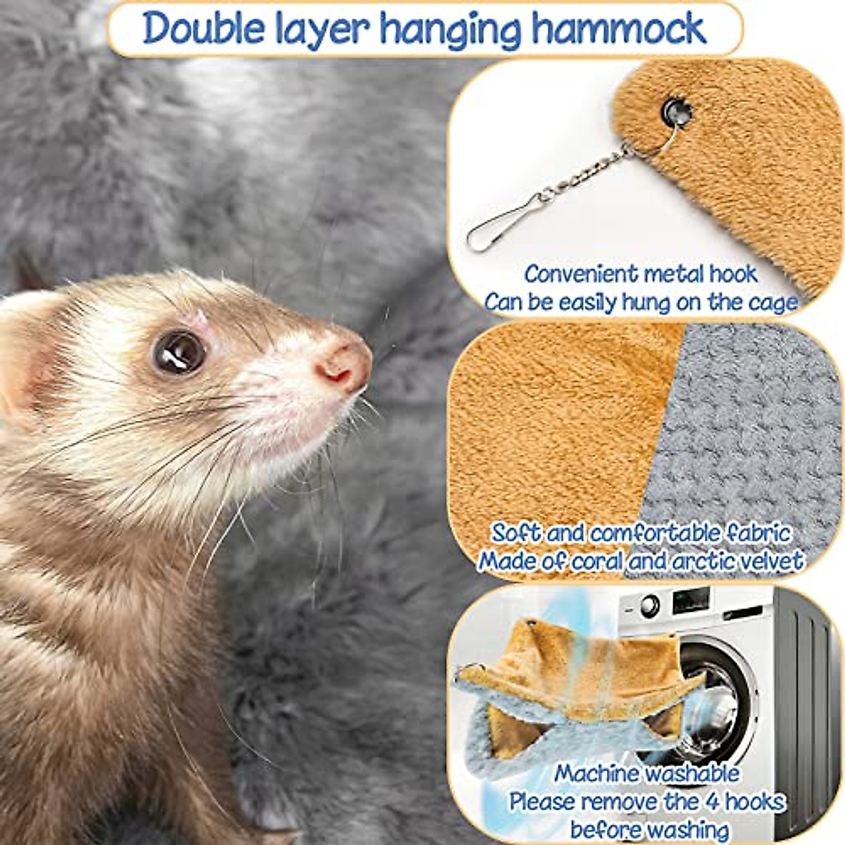 RAYFARMO Ferret Rat Hammock,Guinea Pig Hammock for Cage with Soft Plush,Cage Accessories for Ferret,Rat,Guinea Pig,Chinchilla,Mice,Small Animal Pet Sleep Hanging Bed
