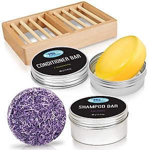Miztag Home & Health Shampoo and Conditioner Bar Set - 5pcs with Holder & Travel Tins - Vegan, Sulfate-Free, Paraben-Free - Eco-Friendly Gift for Women