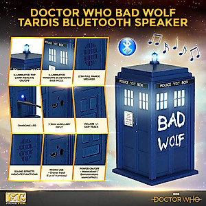 FAMETEK Doctor Who Bad Wolf Tardis Wireless Bluetooth Speaker Plays Music, Lights Up, Accurate Sounds Effects |Gifts for Men or Women - Best Gifts Birthday Collectibles for Doctor Who