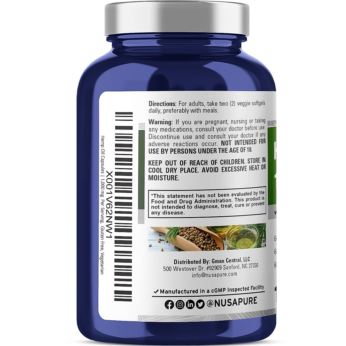 NusaPure Hemp Oil Capsules, 1,000mg Per Serving, 180 Veggie Softgels, Non-GMO, Vegan