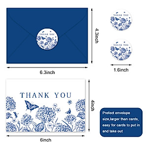 Whaline 24Pcs Blue Floral Thank You Cards with Envelopes and Stickers Blue Flower Butterfly Greeting Cards Vintage Blank Note Cards for Wedding Bridal Baby Shower