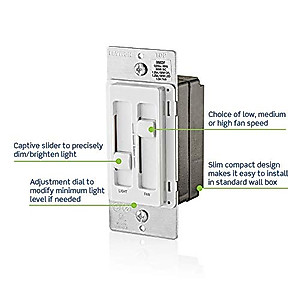 Leviton 66DF-10W SureSlide Dual Quiet Light Control for 150W LED, 300W Incandescent/Halogen, 1.5 Amp Fan, 120V, White