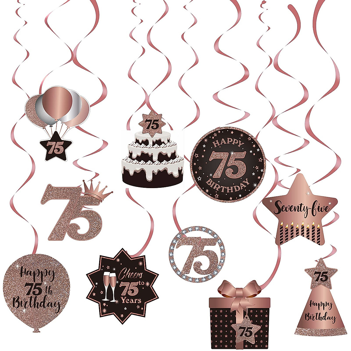 Happy 75th Birthday Hanging Swirls Streams Ceiling Decorations, Celebration 75 Foil Hanging Swirls with Cutouts for 75 Years Old Rose Gold Birthday Party Decorations Supplies