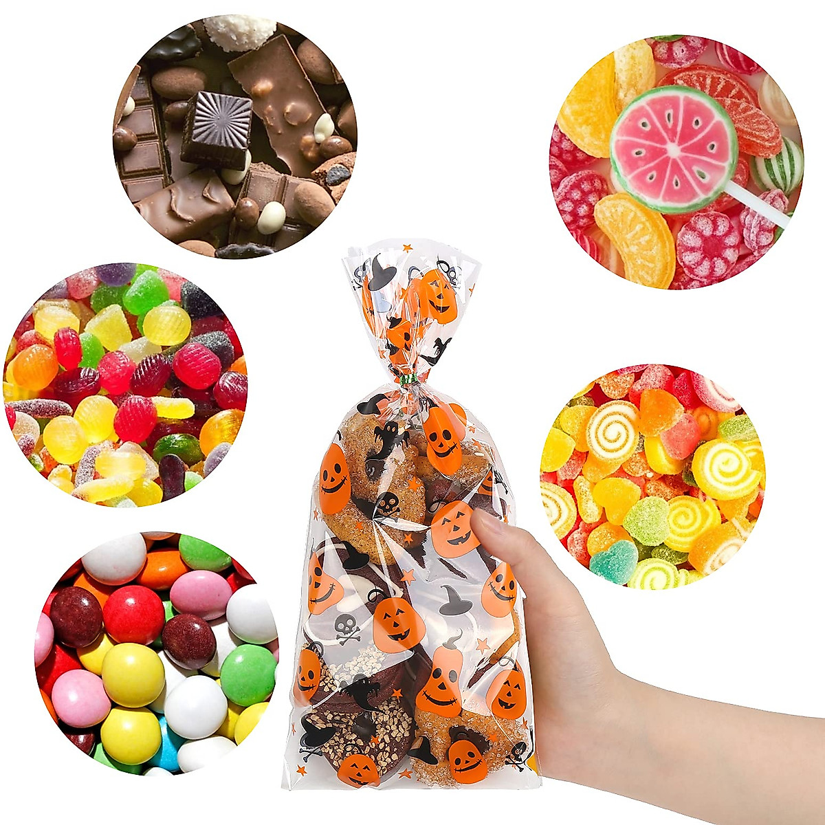 LOKIPA Halloween Cellophane Treat Candy Bags,150 Pieces Halloween Cellophane Gift Goody Snack Sweet Bags with Twist Ties for Halloween Party Supply（3 Style）