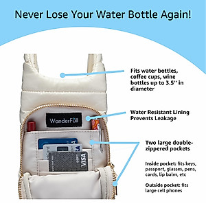WanderFull Original Crossbody HydroBag | Quilted Water Bottle Carrier | Puffer Tote Tumbler Holder with Pockets for Purse, Phone & Accessories | Carry Travel Essentials (Ivory Gloss)