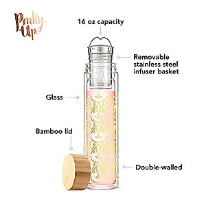 Pinky Up Blair Insulated Travel Infuser Mug - Double-Walled Glass, Stainless Steel, Travel Tea Bottle Flask - Loose Leaf Tea Infuser, 16 Oz, Casablanca Gold