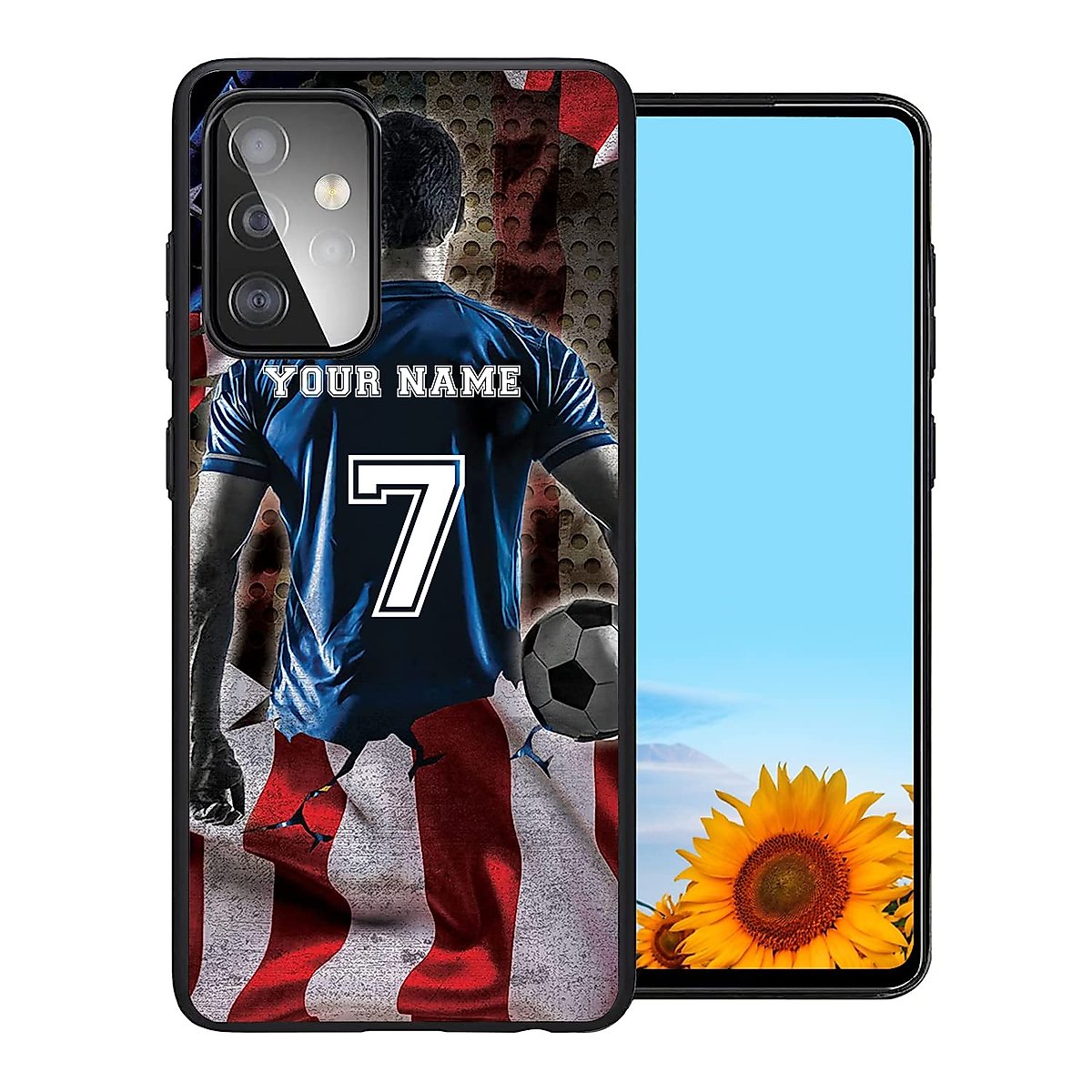 Personalized Soccer Football Player Name Number America Flag Design Rubber Cover Phone Case for Samsung Galaxy A15/A25/A14A53 5G/A03S/A02S/A10E/A12/A13/A32/A33/A42/A51/A52/A71 Custom Soccer Phone Case