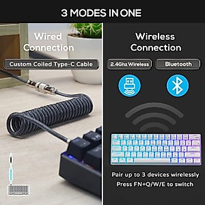 RK ROYAL KLUDGE RK61 60% Mechanical Keyboard with Coiled Cable, 2.4Ghz/Bluetooth/Wired, Wireless Bluetooth Mini Keyboard 61 Keys, RGB Hot Swappable Red Switch Gaming Keyboard with Software - Black