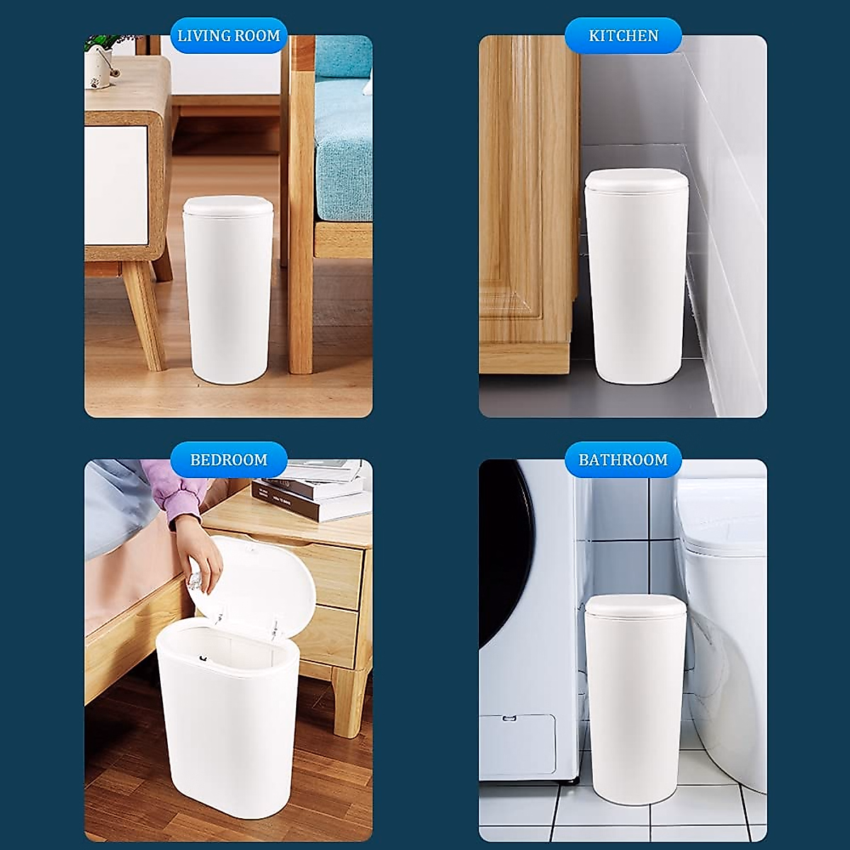 boxfan 8 Liter Rectangular Plastic Trash Can Wastebasket with Press Type Lid,1.8 Gallon Garbage Container Bin for Bathroom,Powder Room,Bedroom,Kitchen,Craft Room,Office (Black 8L)