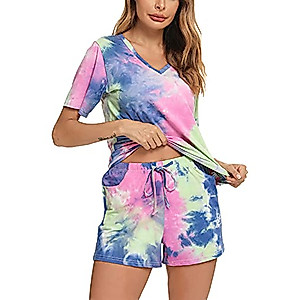 EISHOPEER Womens Tie Dye Printed Tee and Shorts Pajamas Set Sleepwear Pjs Sets LoungewearMulticolored S