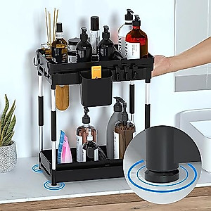 Double Sliding Under Sink Organizers and Storage - Adjustable 2 Tier Pull Out Under Cabinet Organizer Counter, Under Sink Storage for Bathroom and Kitchen, Multi-Purpose Organization and Storage Shelf