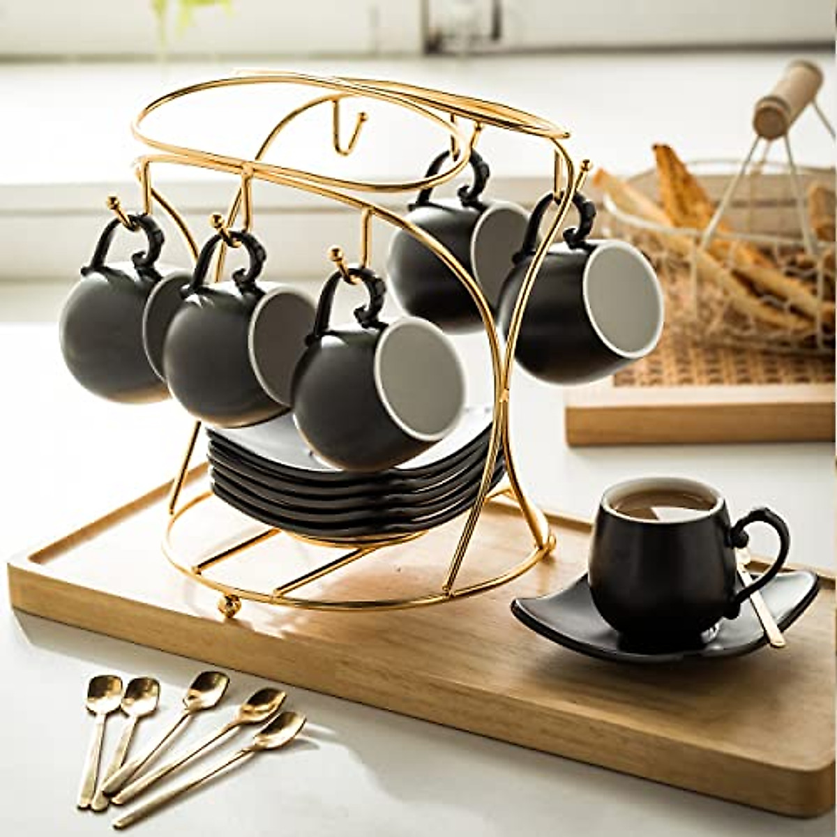 LYEOBOH Espresso Cups with Saucers Set, 3 Ounces Porcelain Coffee Cups with Metal Stand and Spoons,Cappuccino Cups Cute Demitasse Cups for Coffee Drinks, Latte, Tea Set of 6, Black