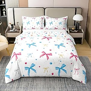 jejeloiu Girls Bowknot Duvet Cover Set 100% Cotton Twin Size Kids Dreamy Princess Style Bedding Set Teens Girly Colorful Kawaii Comforter Cover Super Soft Blue Pink Cotton Duvet Cover 2Pcs
