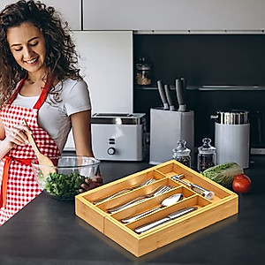 Kitchenaro Bamboo Expandable Kitchen Drawer Organizer – Kitchen Silverware Organizer Drawer Utensil Organizer Tray – 5 to 7 Compartments – Smooth Burr-Free Finish – Natural Wood Cutlery & Knife Holder