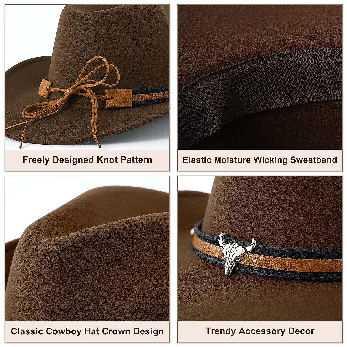 DOCILA Cowboy Hat Men Women Western Cowgirl Hats Felt Sombrero Vaquero para Hombre Country Ranching Rodeo Outfit Accessories Brown