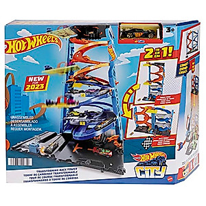 Hot Wheels Toy Car Track Set City Transforming Race Tower, Single to Dual-Mode Racing, with 1:64 Scale Car
