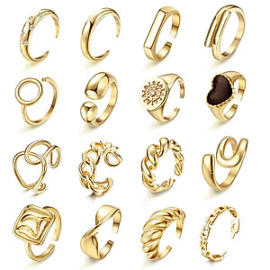HAIAISO 16Pcs Gold Chunky Dome Ring Set for Women 18K Gold Plated Stackable Open Link Ring Trendy Braided Twisted Geometric Heart Signet Ring Adjustable Band Ring Minimalist Statement Over 3 Years Old