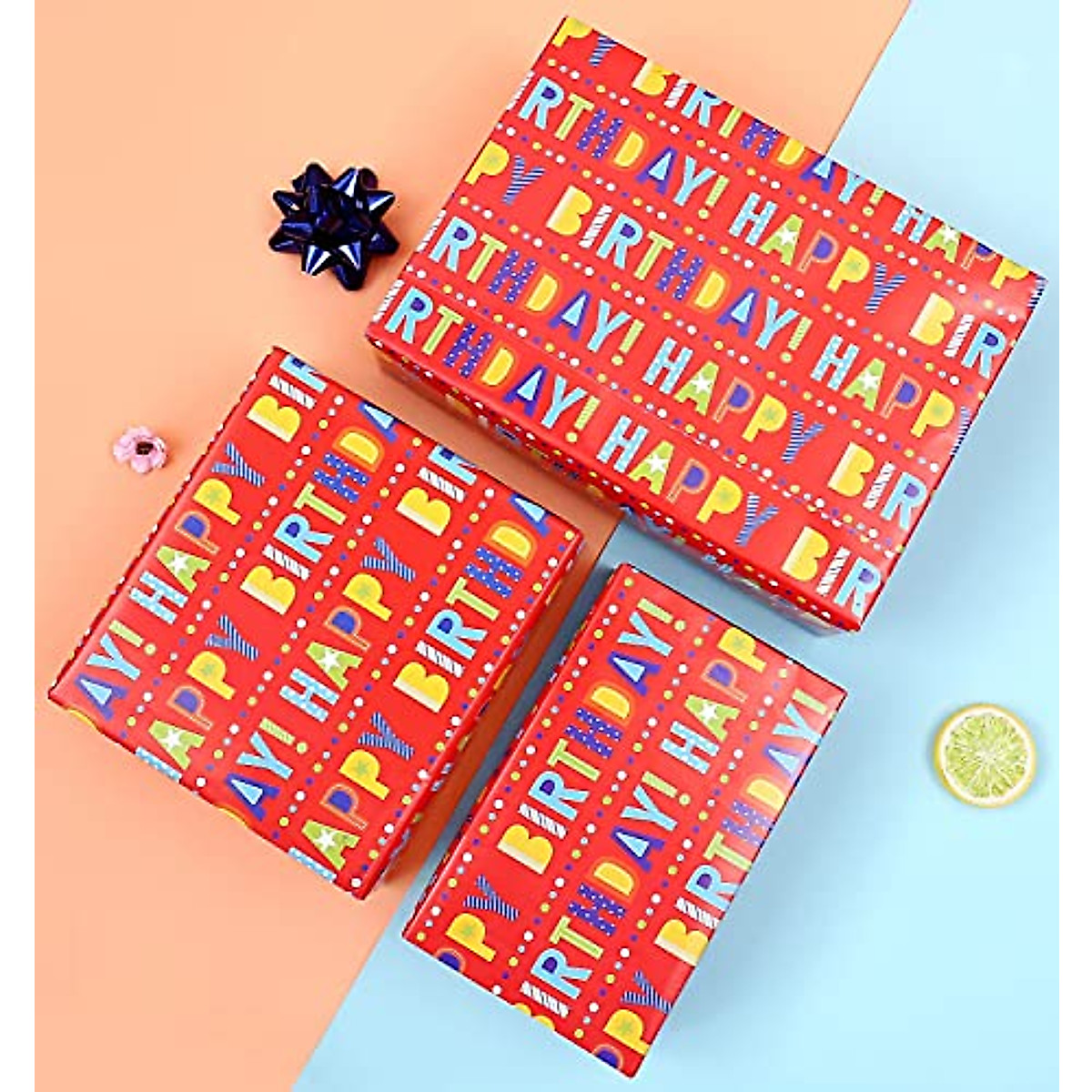 CAMKUZON Birthday Wrapping Paper with Cut Lines on Reverse - 3 Large Sheets Colorful Happy Birthday Gift Wrap for Girls Boys Kids Women Men Baby Shower Party - 27 Inch X 39.4 Inch Per Sheet