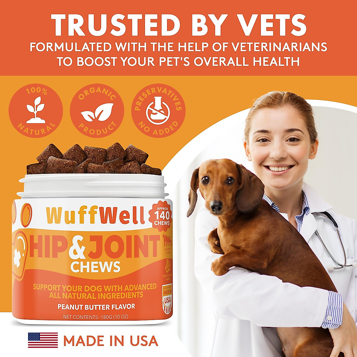 WuffWell Dog Hip and Joint Supplement - Pain and Inflammation Relief Chews with Glucosamine, Chondroitin, MSM, Turmeric - 140ct - Treats Hip Dysplasia, Arthritis - Dogs Chewable Supplements - USA Made