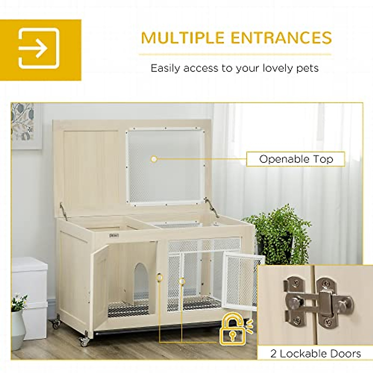 PawHut Small Rabbit Hutch Indoor Bunny Cage on Wheels, Rabbit Habitat with Tough Pinewood, Openable Top, Rabbit Cage Inside, 37.5" x 21" x 24.5"