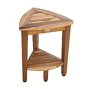 EcoDecors Snazzy Corner Teak Shower Corner Shelf 18" Tall Natural Wood Corner Shower Seat Bench with Shelf 60 Degree Oasis Corner Stool in Earthy Teak Finish