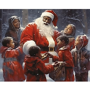 African American Santa with 6 Children Cotton Fabric Panel 36 X 44 Inches, David Textiles GL 0076