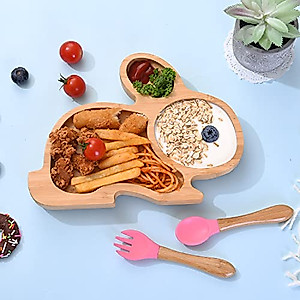 Rabbit Bamboo Suction Plate Bamboo Toddler Plates and Spoon Fork for Kids Self Feeding (pink)