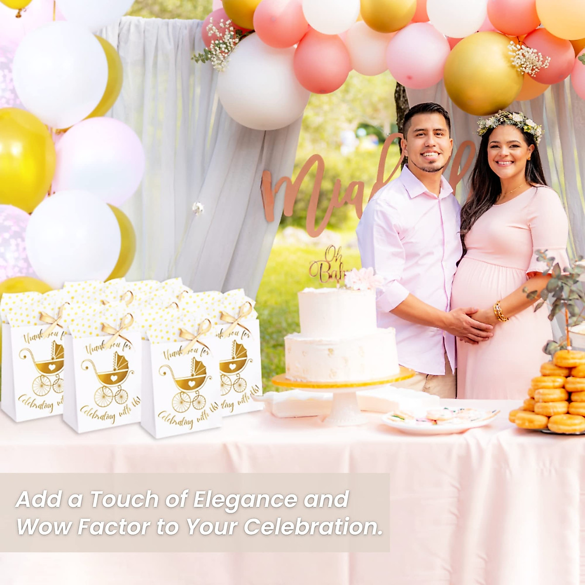 25 Pack Baby Shower Gifts Bag with Tissue Paper and Ribbons - Gold Baby Shower Gifts Bags Medium Size - Baby Gift Bags for Baby Shower, Baby Boy Gift Bag, Baby Girl Gift Bag, Gender Reveal Gift Bag Bulk (8"L x 4.5"W x 10"H, White)