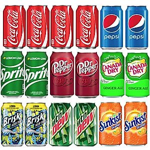Soft Drink Assortment Variety: Cola, Pepsi, Sprite, Mountain Dew, Dr. Pepper, Brisk Iced Tea, Canada Dry Ginger Ale, Sunkist - 12 Fl Oz cans (18 Pack) Soda, Pop Restock Kit
