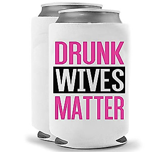 Drunk Wives Matter Pink | Set of Two (2) Funny Novelty Can Cooler Beverage Huggie - | Beer Beverage Holder - Funny Gifts Wife - Quality Neoprene No Fade 12 oz or 16oz Can Cooler (Magenta (2))