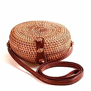 Daisy Lucky W Hand-woven round rattan bag PU leather shoulder strap Beach grass woven messenger women's bag Ladies Bohemian handbag Pure natural hand-made rattan woven wallet (Leather buckle)