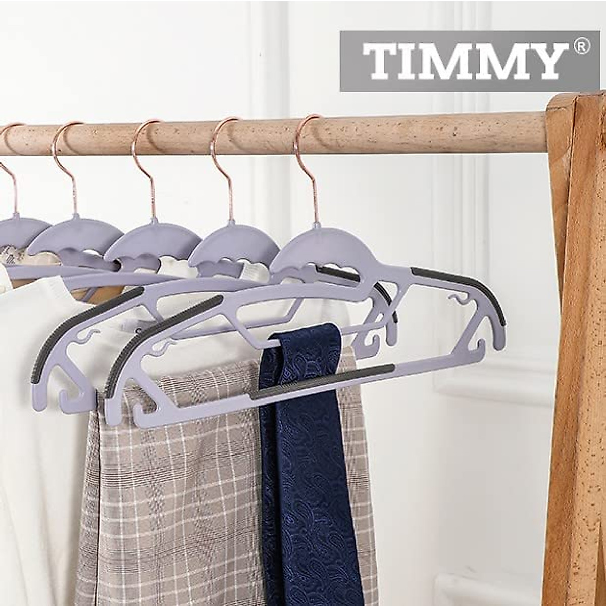 TIMMY Plastic Hangers, 50 Pack Ultra Thin Non Slip Clothes Hanger Space Saving Coat Hangers, 360°Rotating Rose Gold Hook Hanger Heavy Duty Pant Hangers (Grey)