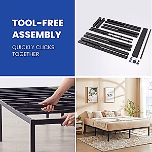 HiBed Queen Bed Frame, 14” Height Noise Free Metal Platform, Lightweight Heavy Duty Steel Support Up to 4500 lbs, Box Spring Free Design, Steel Slat Supports, Easy Assembly Tool-Free,Black