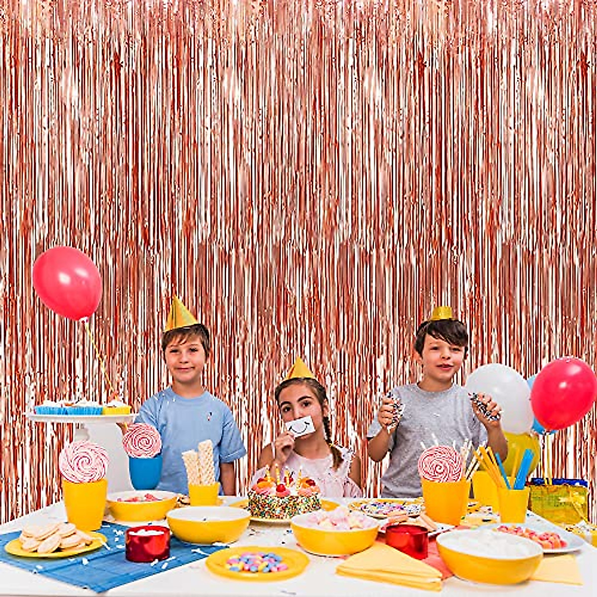 Huge, Rose Gold Backdrop for Birthday - Pack of 3 | Rose Gold Fringe Curtain with Peach Happy Birthday Banner | Rose Gold Streamers | Rose Gold Happy Birthday Banner | Rose Gold Birthday Decorations