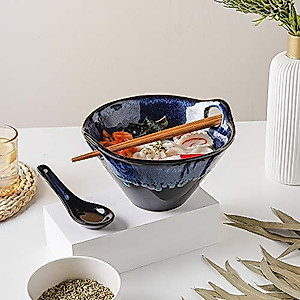 KOOV Porcelain Ramen Bowls and Spoons Set of 2 - Japanese Ramen Noodle Bowl with Chopsticks and Spoons, 26 Ounce Deep Pho Bowl, Reactive Glaze (Blue Galaxy)