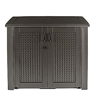 Rubbermaid Extra Large Decorative Patio Storage Cabinet, Weather Resistant, 123 Gal., Dark Teakwood, for Garden/Backyard/Home/Pool