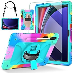 LTROP Protective Case for Samsung Galaxy Tab S9 Plus Case 2023 (SM-X810/ SM-X816B/ SM-X818U) 12.4 Inch, 9H Tempered Glass Screen Protector, S Pen Holder, Hand/Shoulder Strap & Kickstand, Aqua Teal