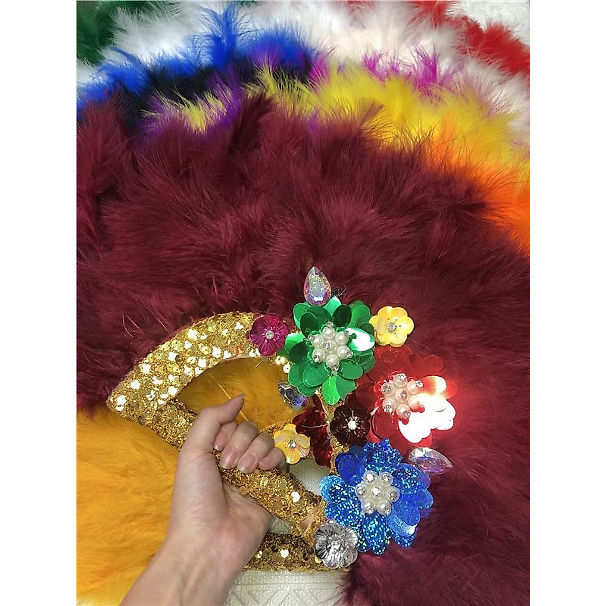 Msbfea African Wedding Party Feather Fan Big Size African White Feather Wedding with Shiny Sequins Flower Feather Fan Color 322