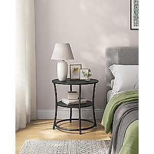 VASAGLE Side Table, Round End Table with 2 Shelves for Living Room, Bedroom, Nightstand with Steel Frame for Small Spaces, Outdoor Accent Coffee Table, Charcoal Gray and Black