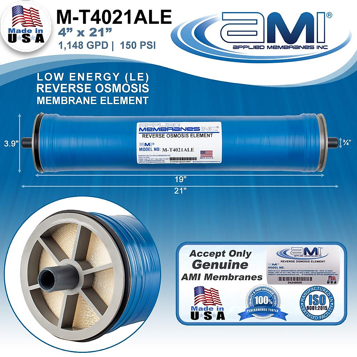 APPLIED MEMBRANES INC. 4" x 21" Low Pressure Reverse Osmosis Membrane Element for RO Tap Water Treatment System | 1,148 GPD @ 150 psi Low Energy | M-T4021ALE