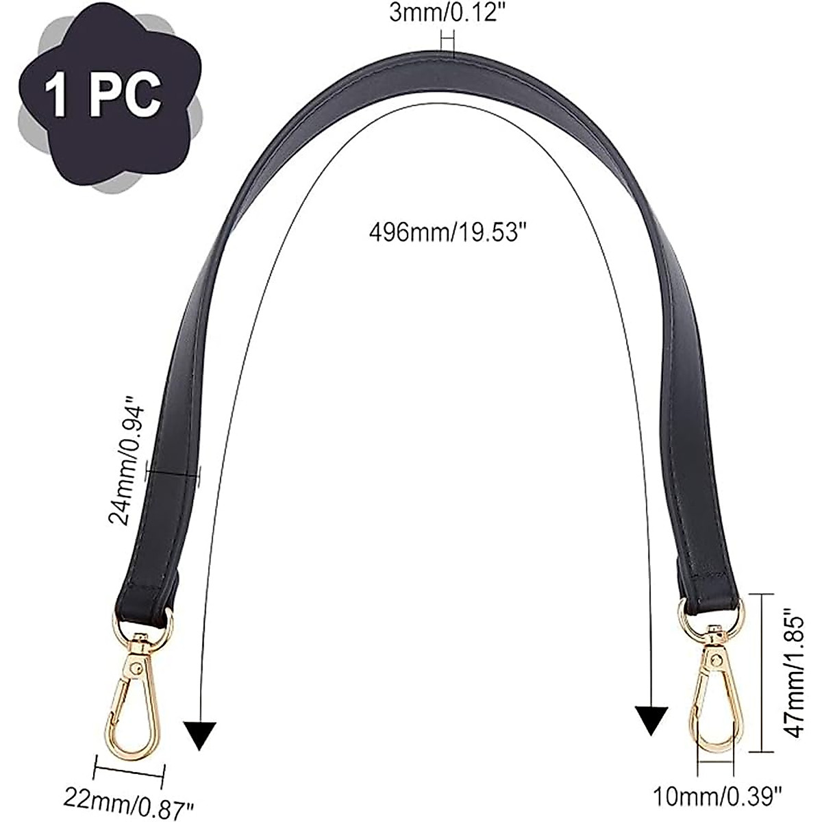 WADORN PU Leather Purse Handle, 15.75 Inch Short PU Leather Bag Strap Thin Shoulder Bag Straps Replacement Handbag Handle Strap Tote Bag Top Strap with Swivel Clasps DIY Purse Making Supplies, Black